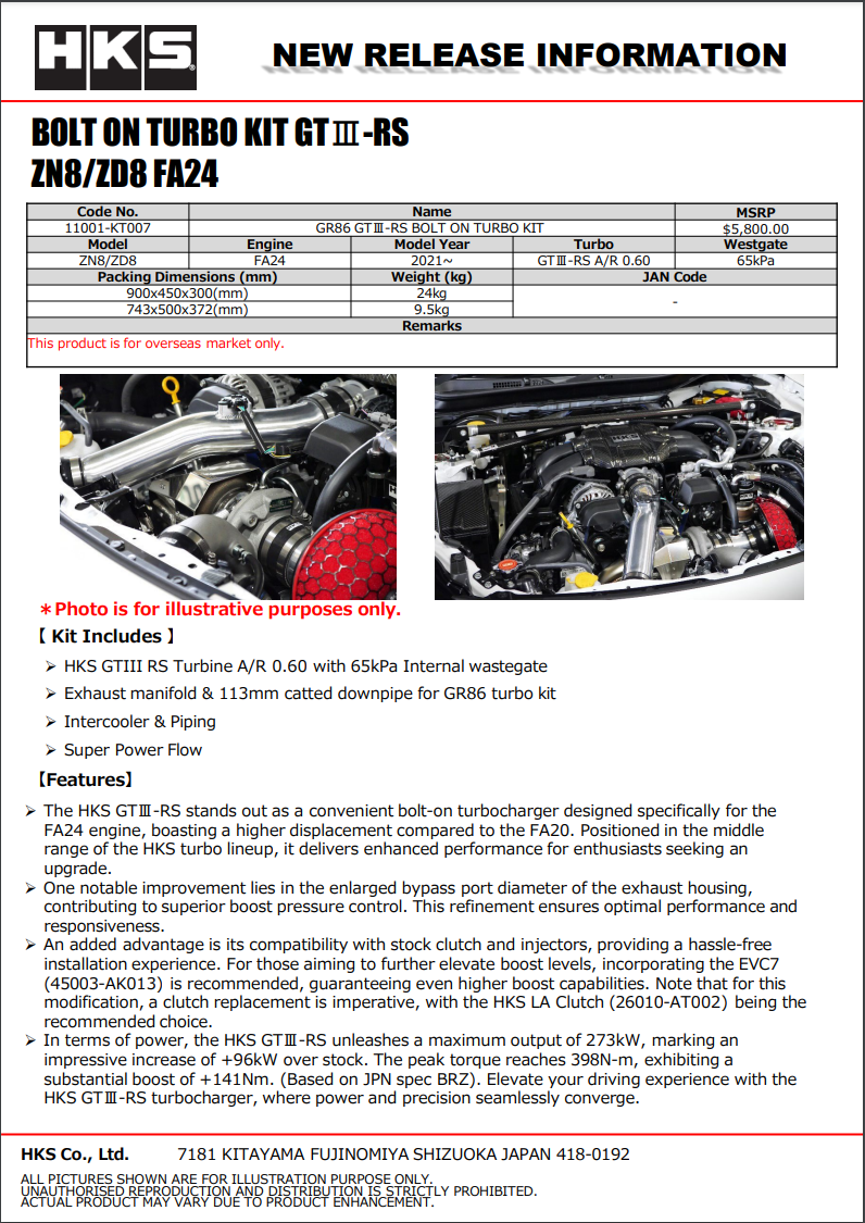 HKS GR86 / BRZ GTIII-RS Bolt On Turbo Kit – LIMIT+1